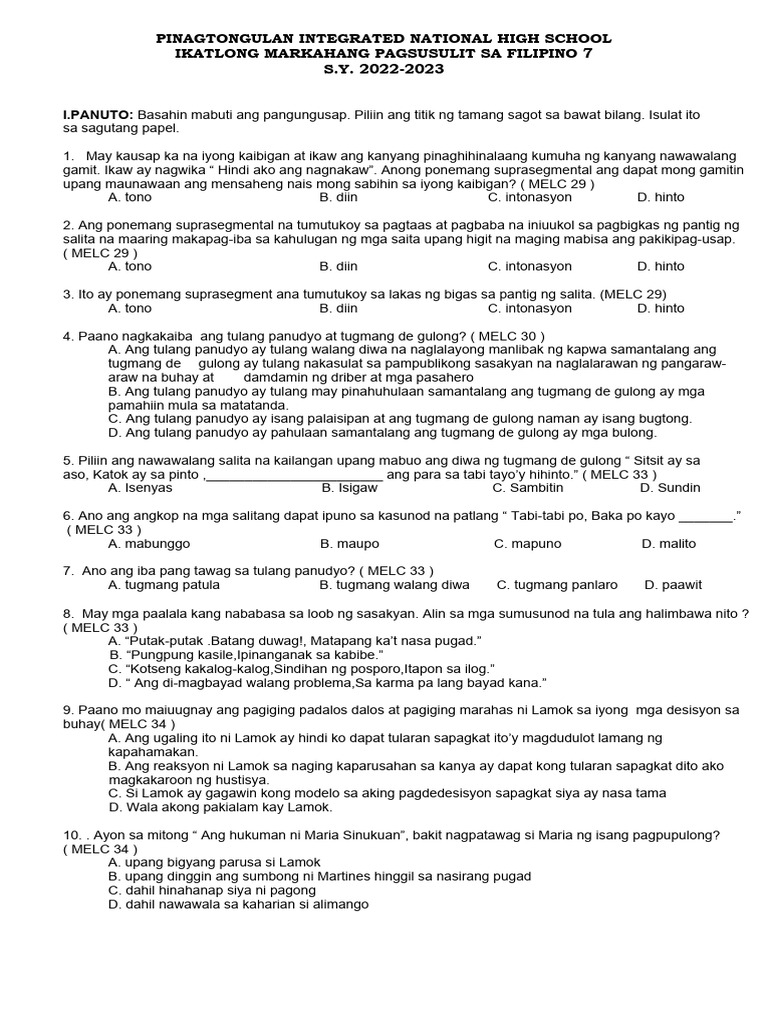 Ikatlong Markahang Pagsusulit | PDF