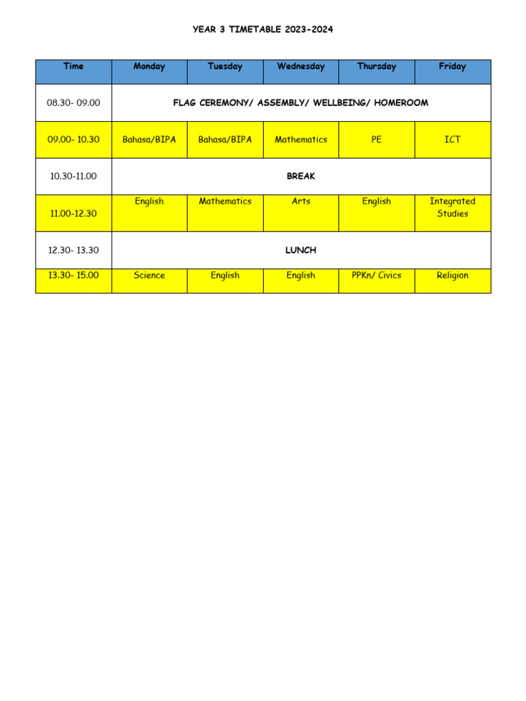 Year 3 Timetable 2023-2024 | PDF