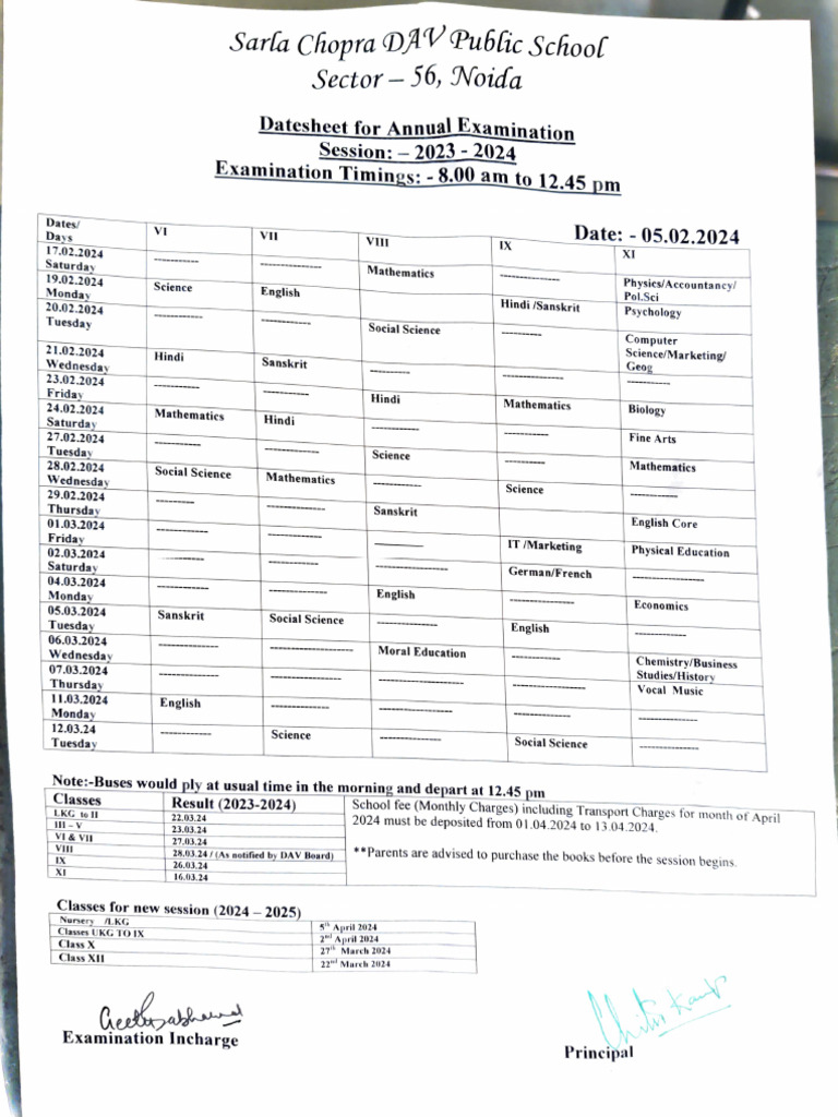 Datesheet Annual Examination - 2024 | PDF | Science