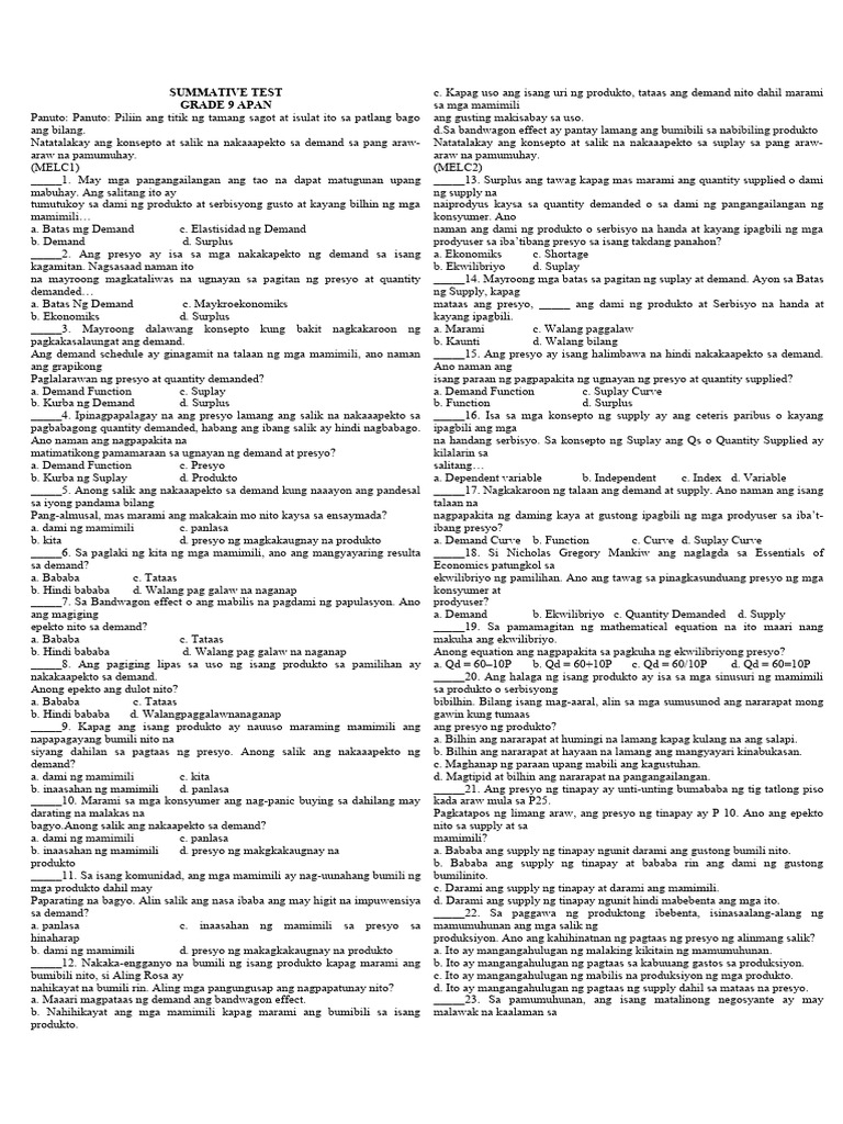 Summative Grade 9 Apan | PDF