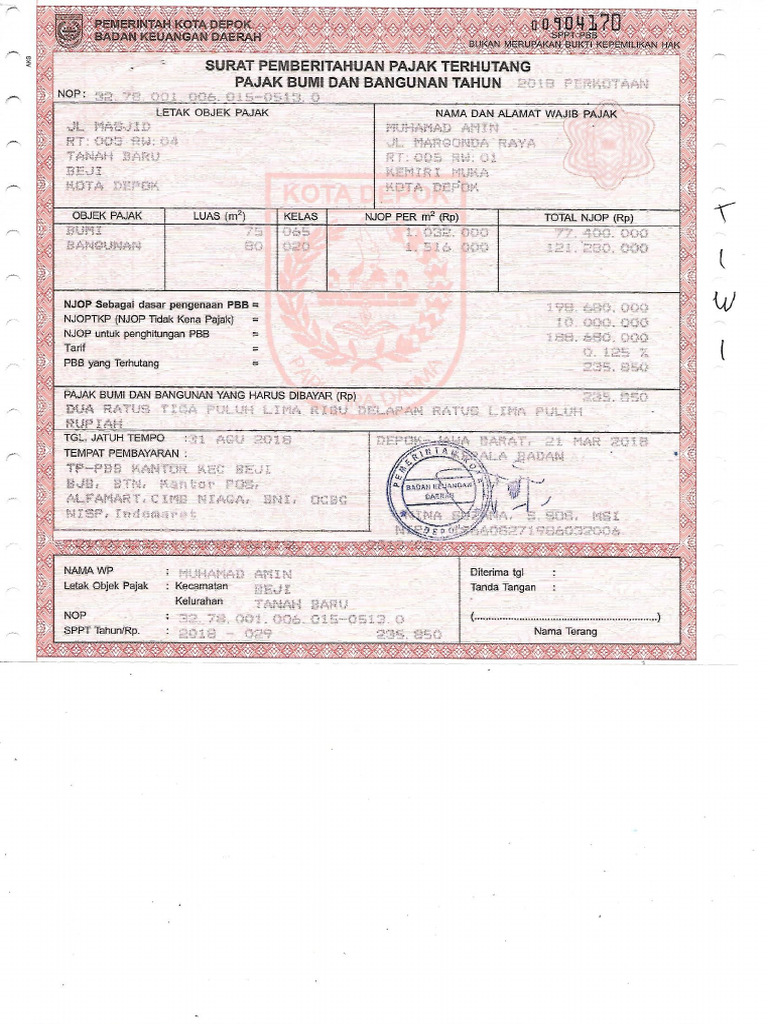 SPPT PBB Tahun 2018 NOP 32.78.001.006.015-0513.0 | PDF