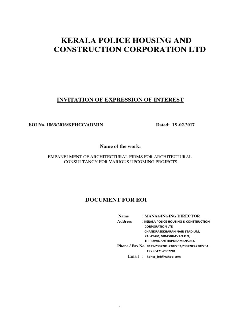 Kerala Police Housing and Construction Corporation LTD: Invitation of Expression of Interest ...