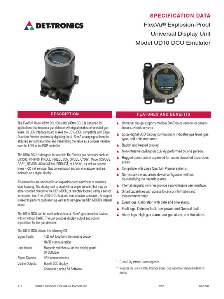 UD10 Dettronics Gas Detector Data sheet | PDF | Sensor | Backlight