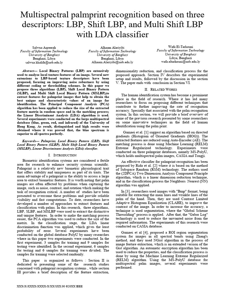 Multispectral Palmprint Recognition Based On Three Descriptors: LBP, Shift LBP, and Multi Shift ...
