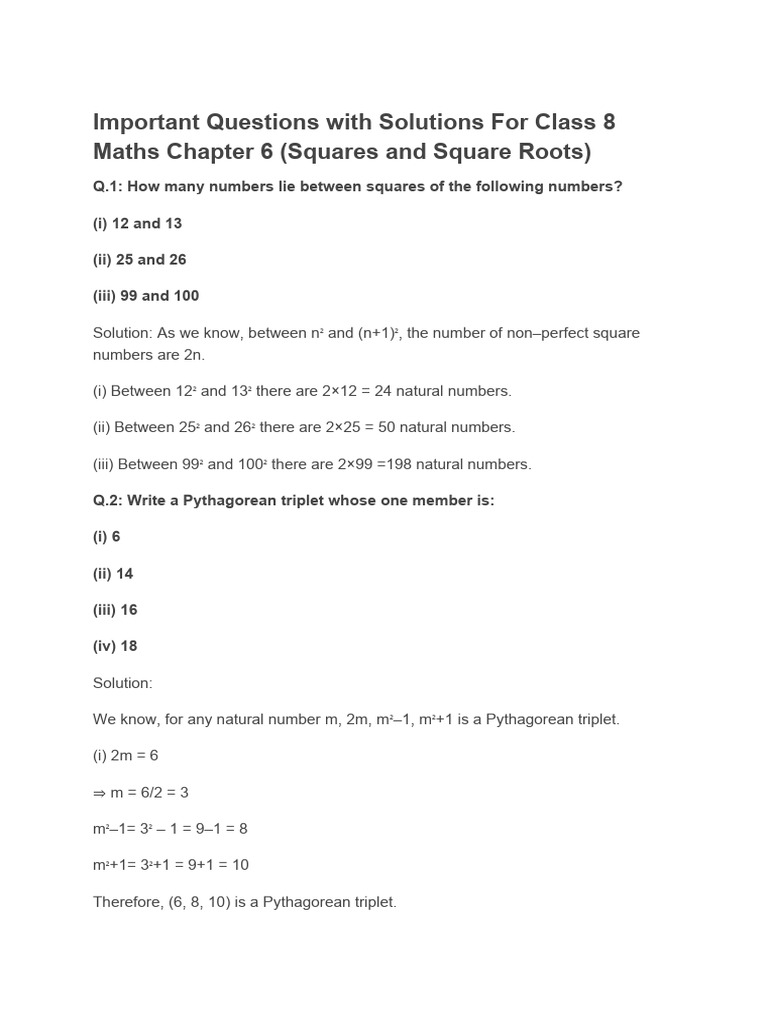 Class 8 Maths: Squares & Roots Solutions | PDF | Numbers | Square Root