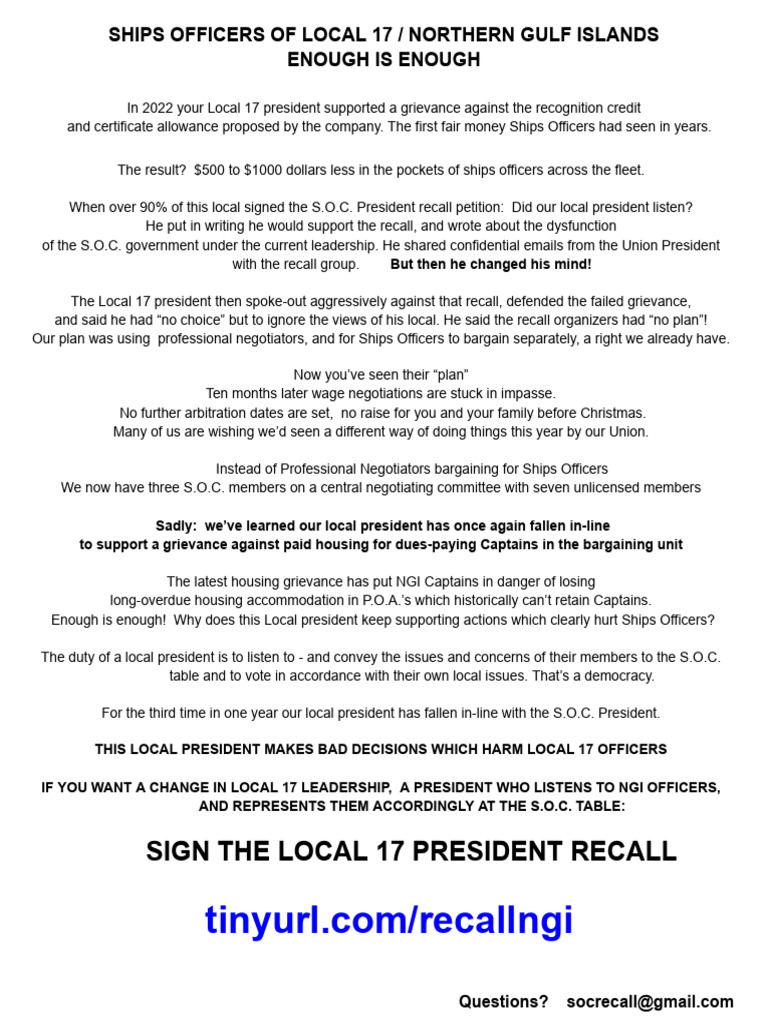 Recall Local 17 President for Better Leadership | PDF
