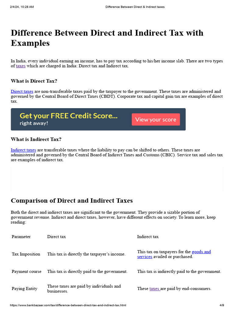 Difference Between Direct & Indirect Taxes | PDF | Taxes | Indirect Tax