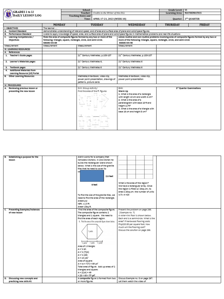 DLL Mathematics 6 q3 w10 | PDF | Area | Rectangle