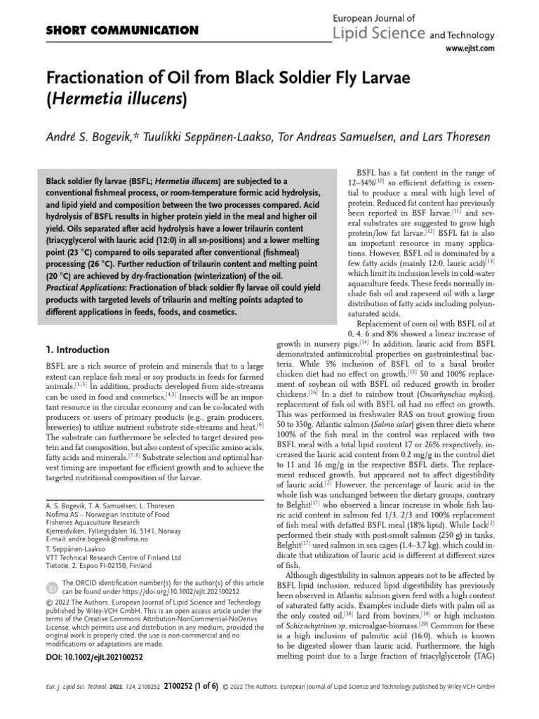 Euro J Lipid Sci Tech - 2022 - Bogevik - Fractionation of Oil From ...