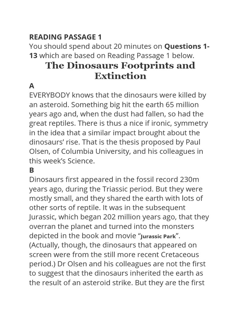 Passage 1 Dinosaur Footprints Extinction | PDF | Dinosaurs | Earth