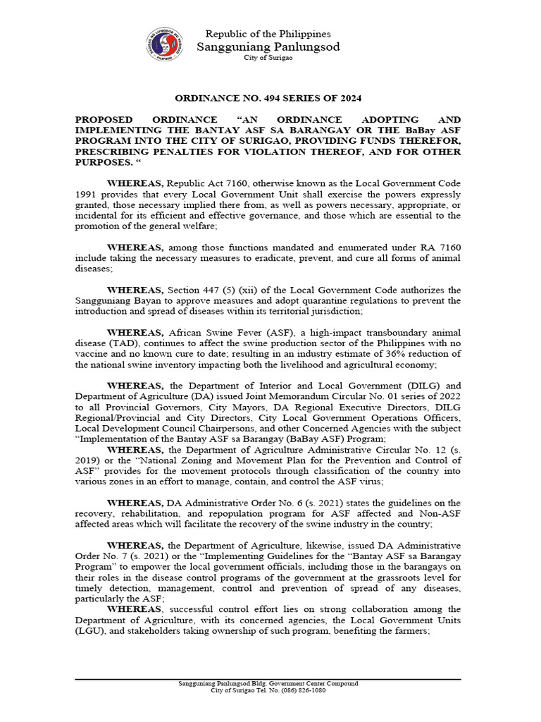 FINAL Re27-Enacting ORDINANCE NO. 494 Bantay ASF | PDF | Quarantine | Pig