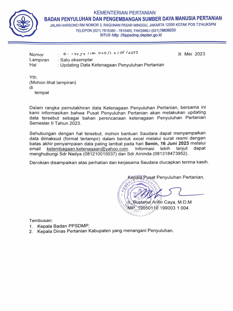 Surat Updating Data Ketenagaan PP 2023 - Daerah | PDF