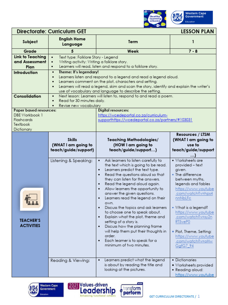 Grade 5 Folklore Lesson Plan | PDF | Vocabulary | Human Communication