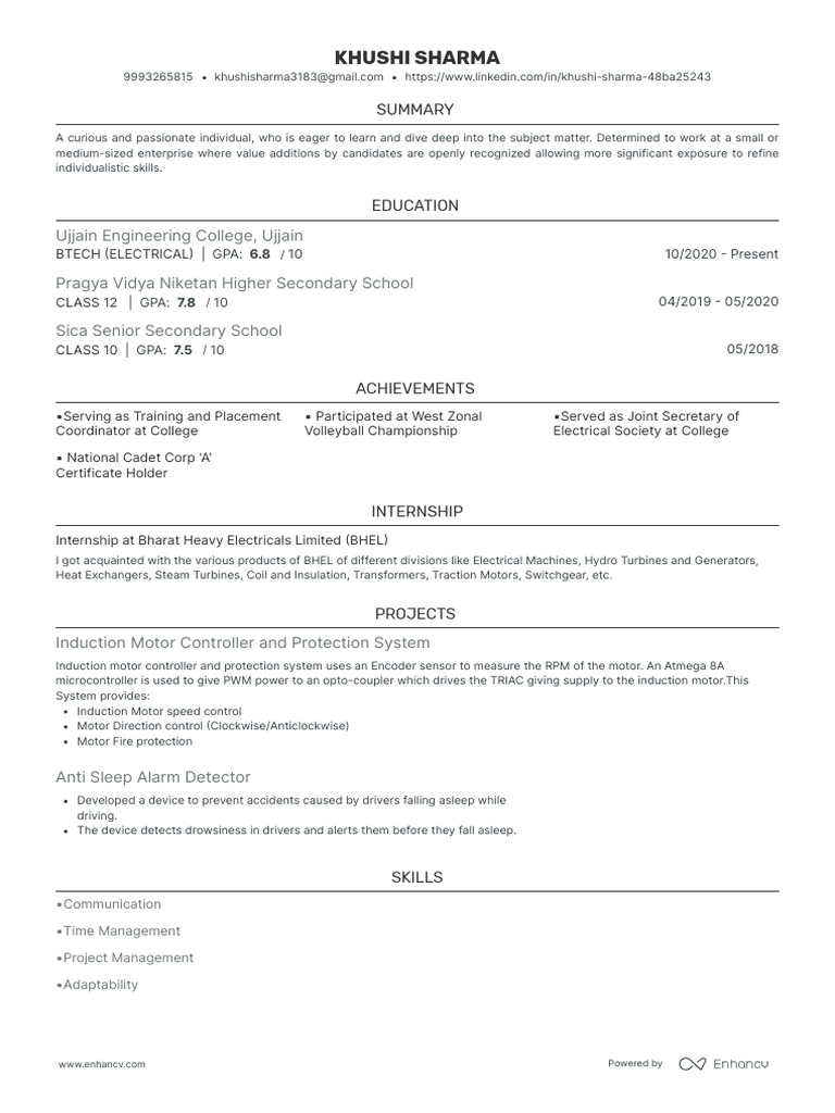 Khushi Sharma Resume | PDF | Electric Motor | Energy Technology