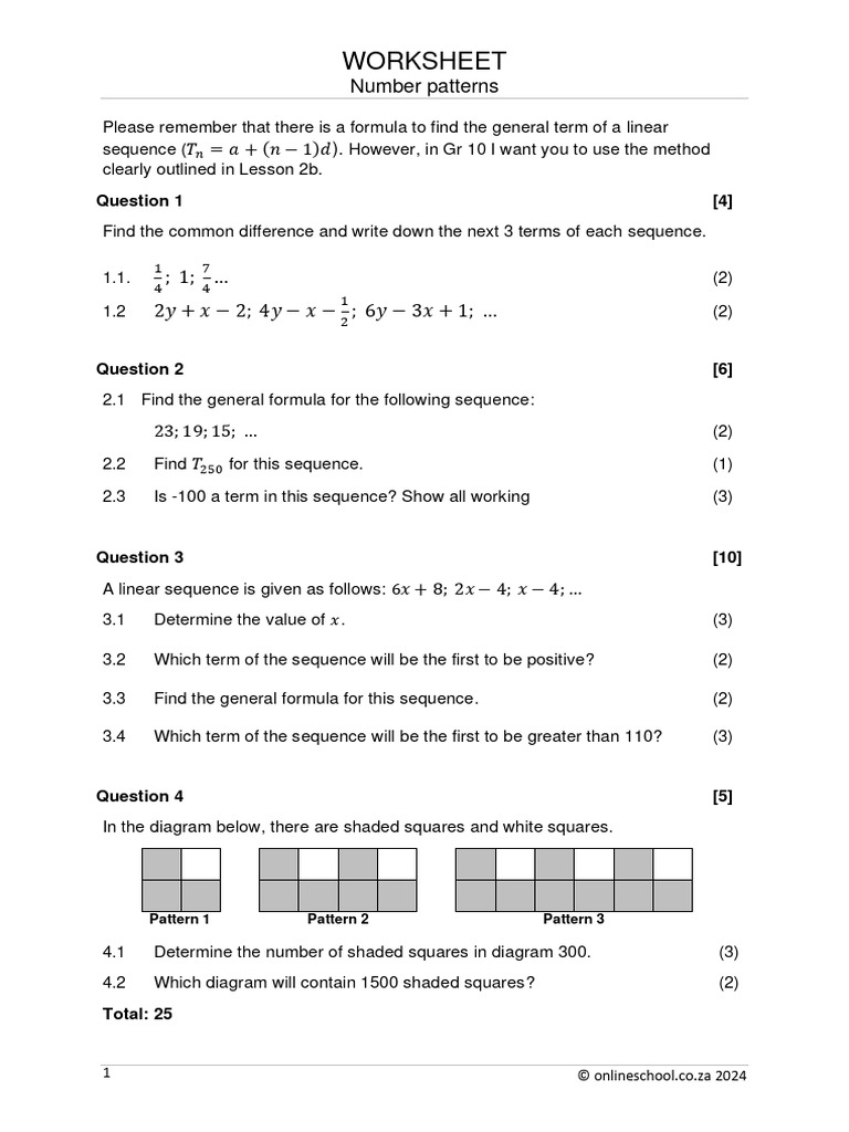 Worksheet - Number Patterns 2024 | PDF