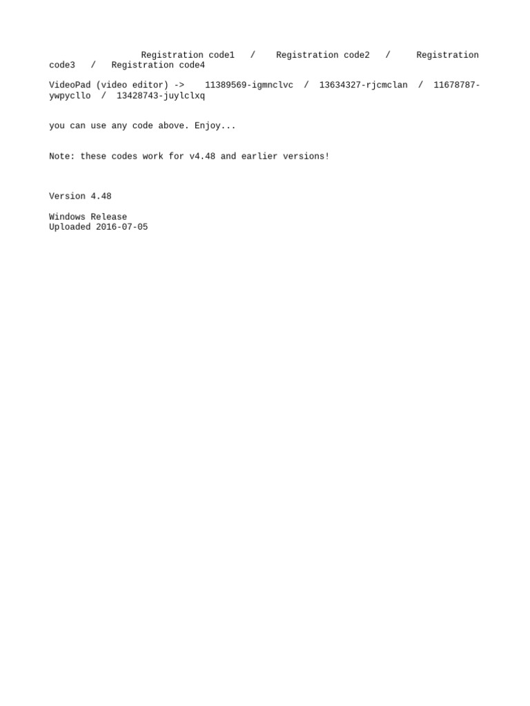 VideoPad Registration Codes | PDF | Technology & Engineering