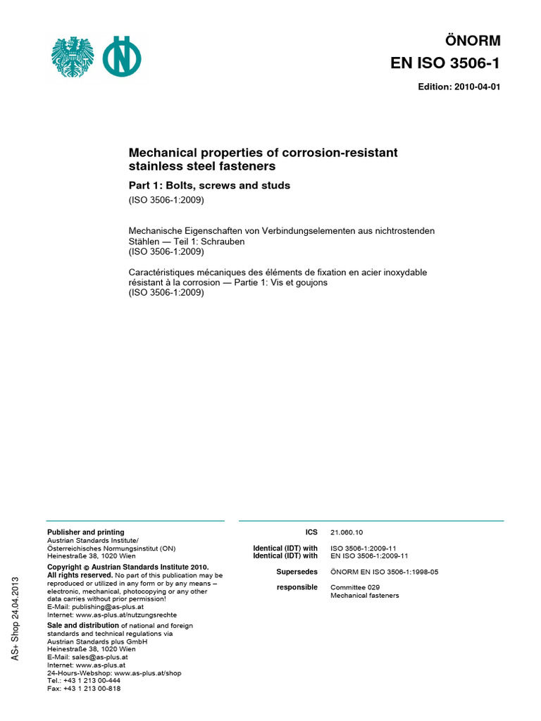 Iso 3506-1-2010 | PDF | Screw | International Organization For ...