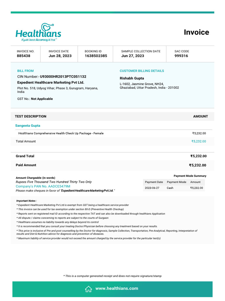 Preventive Health Checkup Invoice | PDF | Invoice | Health Care