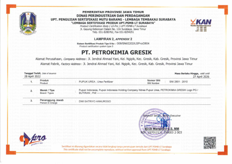 Sertifikat SNI Urea | PDF