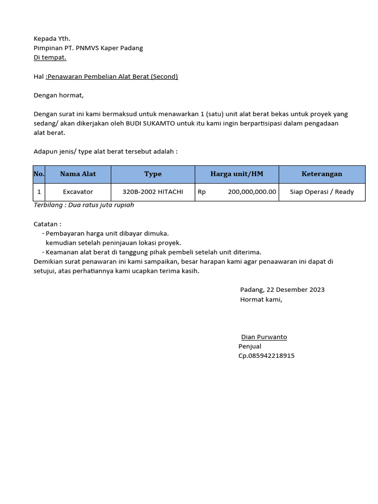 Surat Penawaran Alat Berat | PDF
