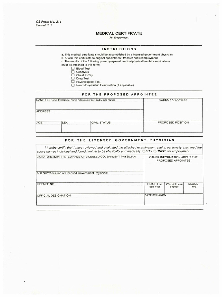 MEDICAL CERTIFICATE - FOR NEWLY HIRED CSC Form | PDF