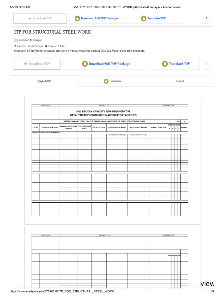 ITP FOR STRUCTURAL STEEL WORK - Abdullah Al Jubayer - Academia - Edu | PDF