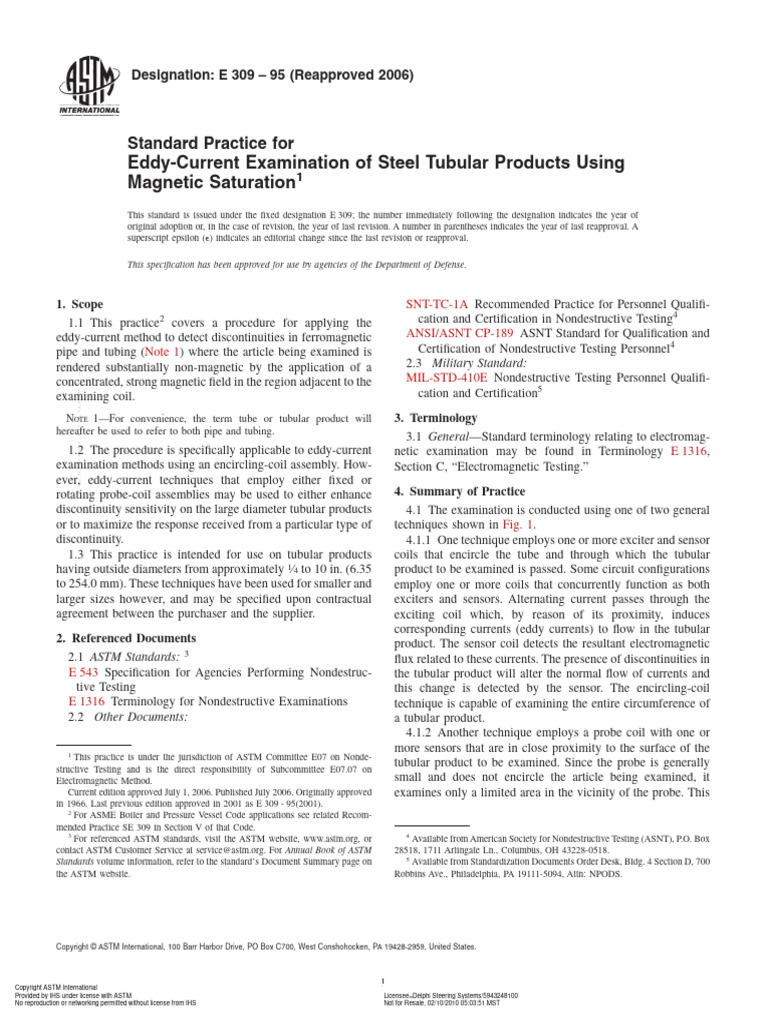 ASTM E309 Eddy-Current Examination of Steel Tubular Products Using | PDF | Nondestructive ...