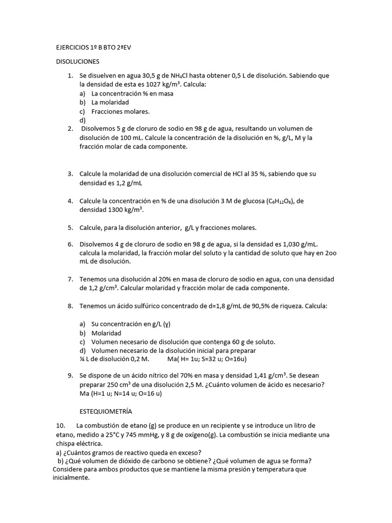 EJERCICIOS ESTEQUIO y DISOLUC 1º B 2 EV Química | PDF | Combustión | Concentración