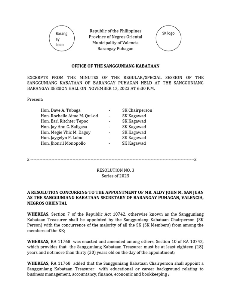 SK Treasurer Appointment Resolution | PDF | Philippines | Government