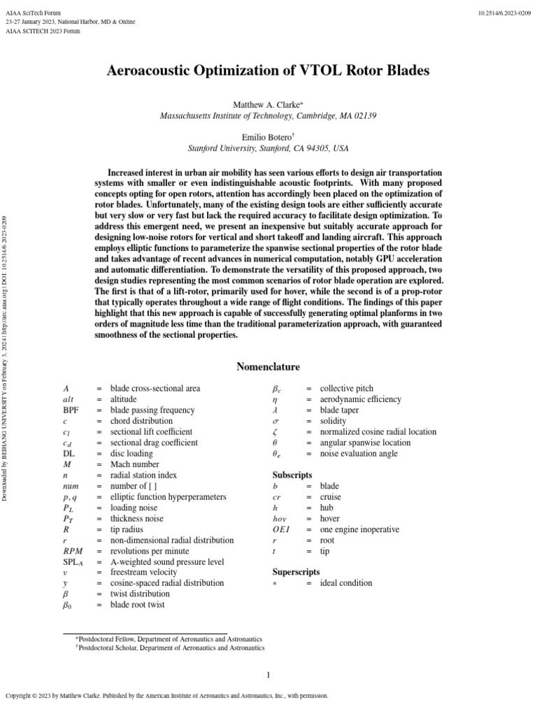 Clarke Botero 2023 Aeroacoustic Optimization of Vtol Rotor Blades | PDF | Helicopter Rotor ...