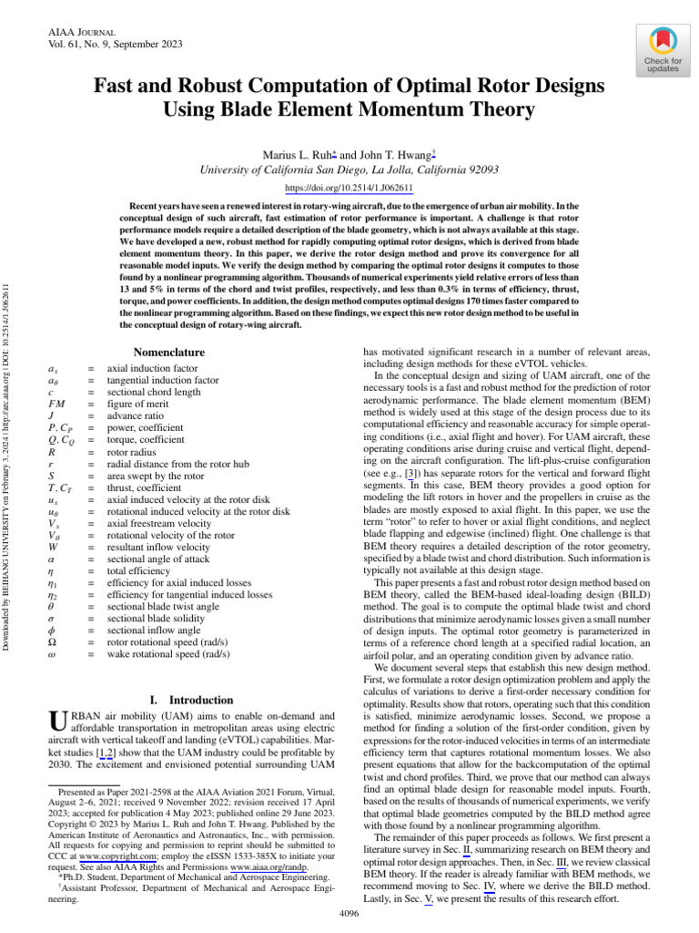 Ruh Hwang 2023 Fast and Robust Computation of Optimal Rotor Designs Using Blade Element Momentum ...