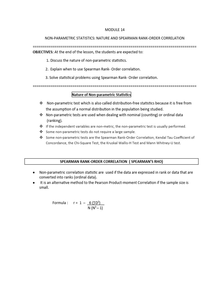 Module 14 Non Parametric Statistics Spearman Rank Order Correlation1 2