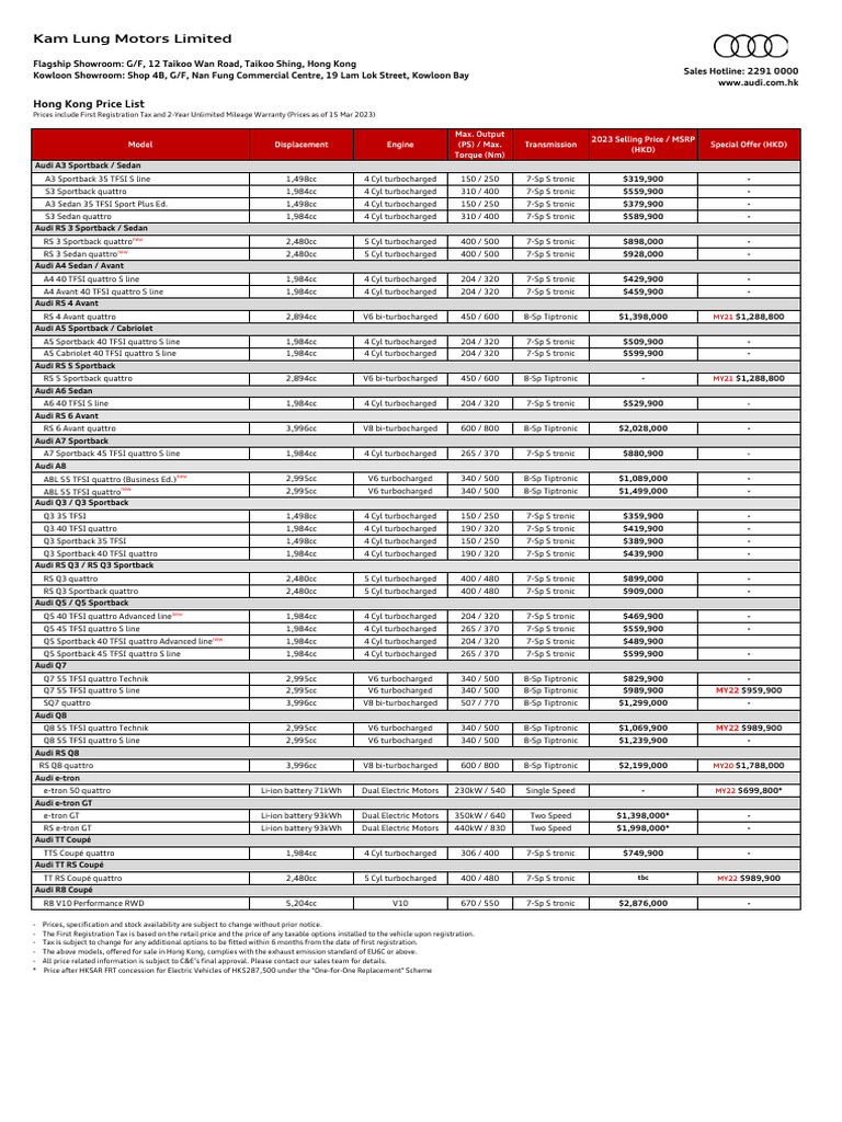 Audi Price List for Hong Kong 2023 | PDF | Audi | Sports Cars