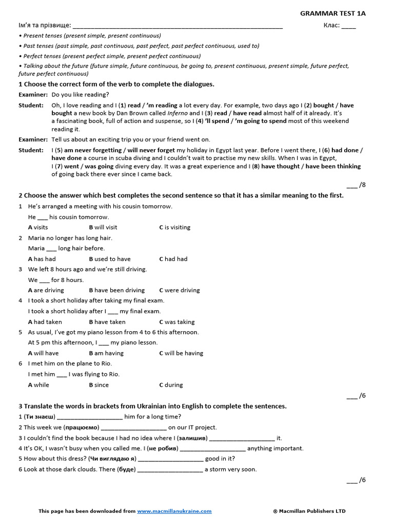 Grammar Test 1A Units 1-4 | PDF | Grammar | Linguistics
