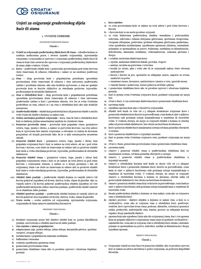 Uvjeti Za Osiguranje Građevinskog Dijela Kuće Ili Stana | PDF
