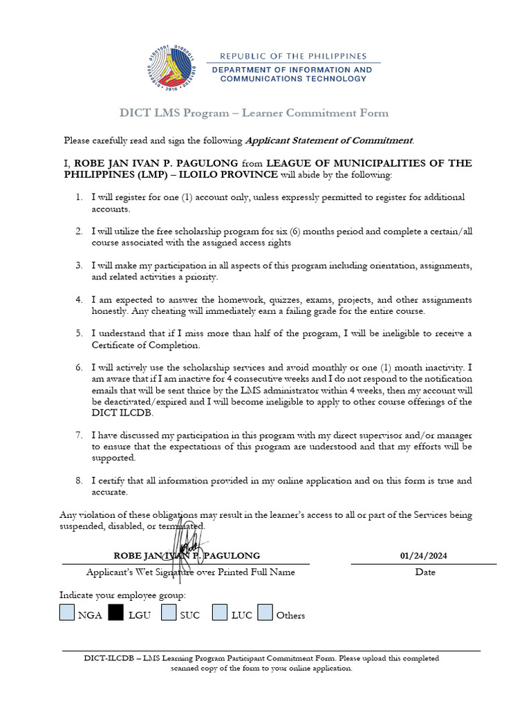 Learner Commitment Form in Accessing DICT LMS Annex C | PDF