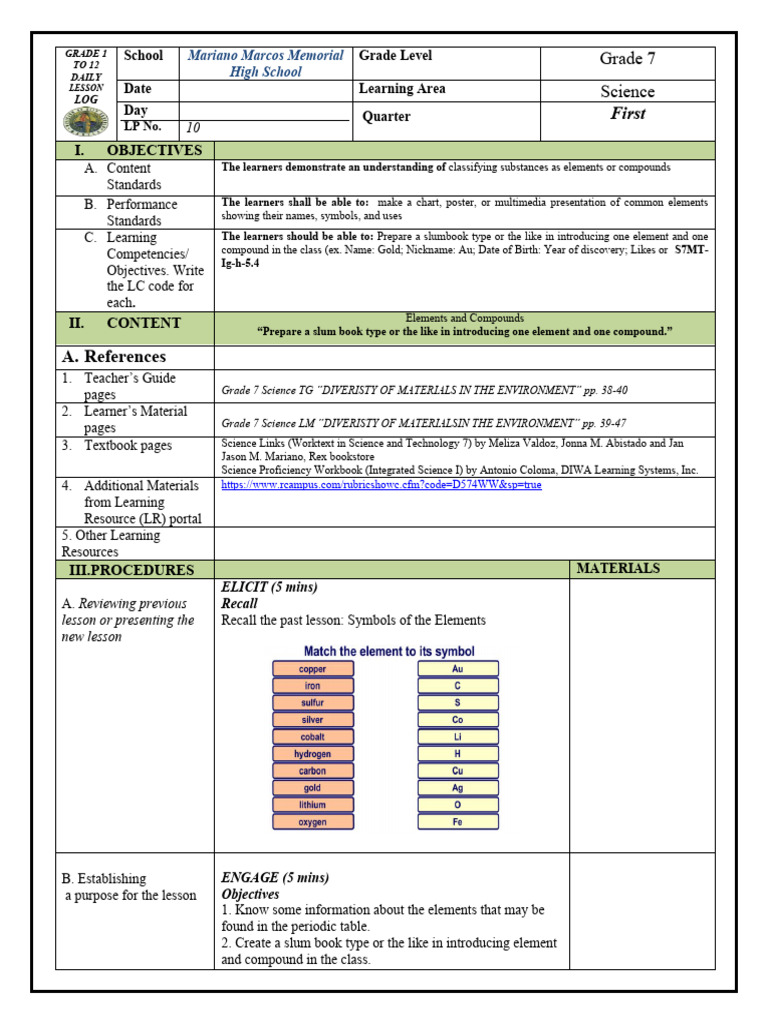 LP10 With Attached Worksheets - Making Slumbook (Elements and Compounds ...