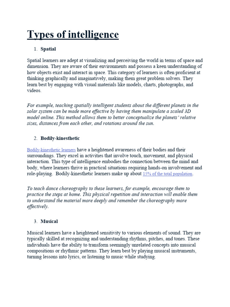 Types of Intelligence | PDF | Learning | Space