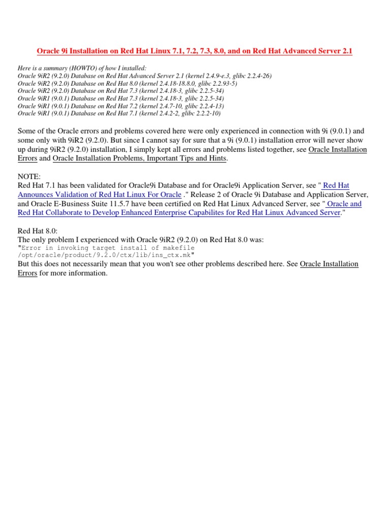 Oracle 9I Installation On Red Hat Linux | PDF | Oracle Database ...