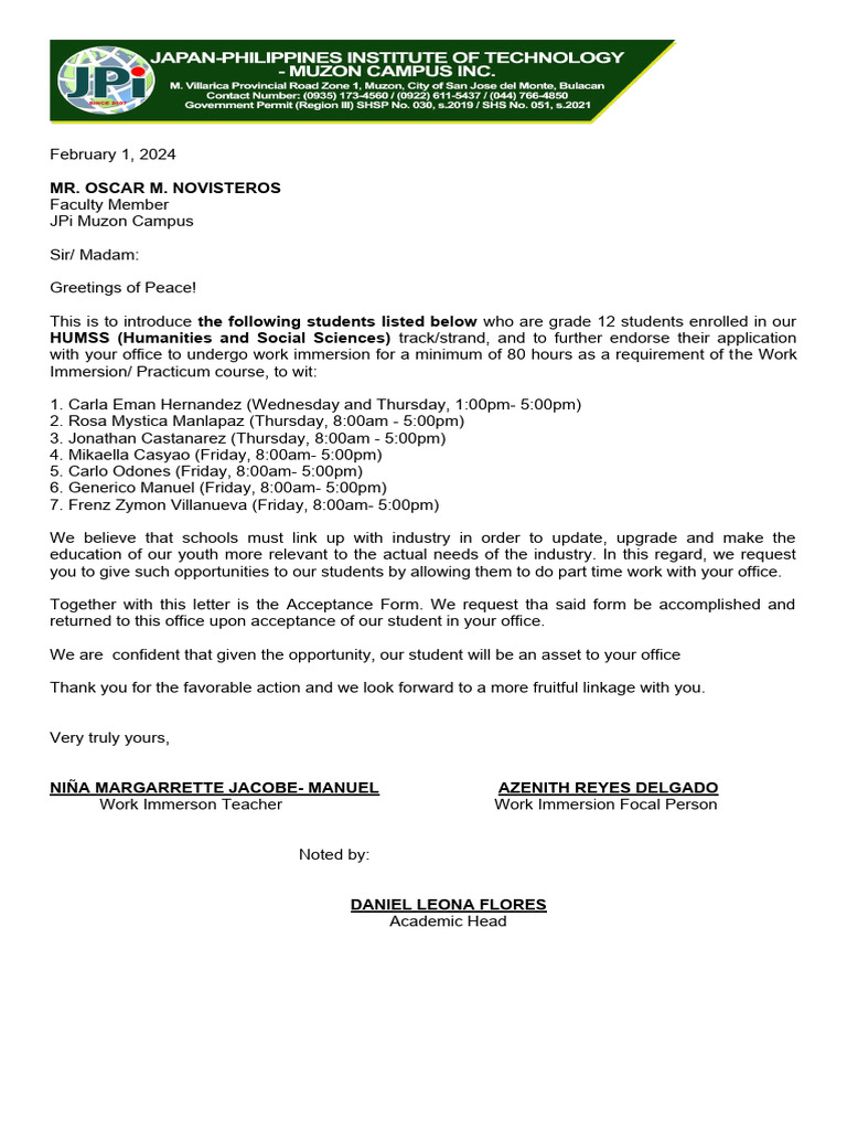 Endorsement Letter-HUMSS | PDF | Sacraments | Baptism