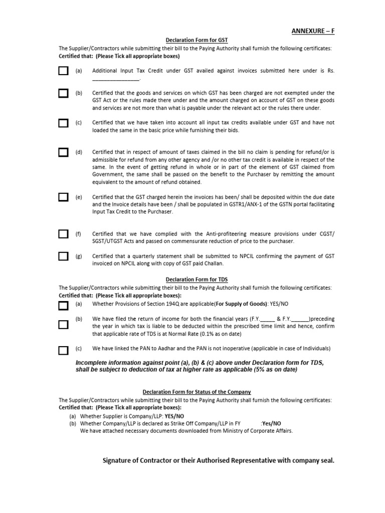 GST and TDS Declaration Form for Suppliers | PDF | Invoice | Taxes
