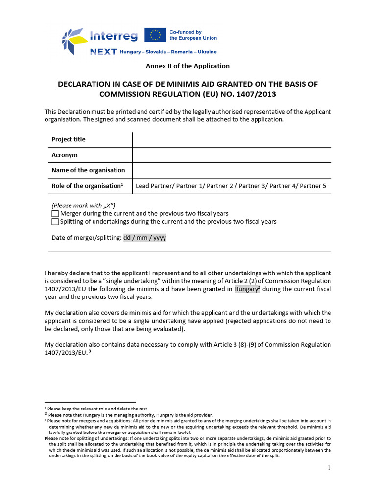 De Minimis Aid Declaration Template | PDF | European Union | Mergers ...