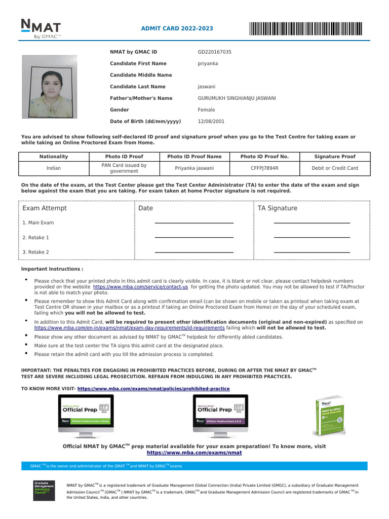 Exam - Admit - Card Nmat | PDF | Graduate Management Admission Test