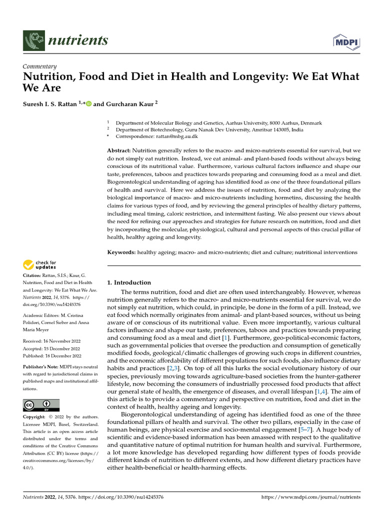Nutrients: Nutrition, Food and Diet in Health and Longevity: We Eat ...