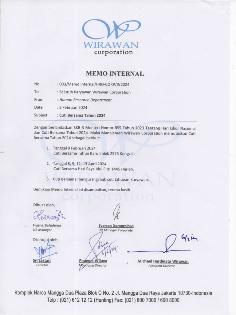 Memo Cuti Bersama 2024 | PDF