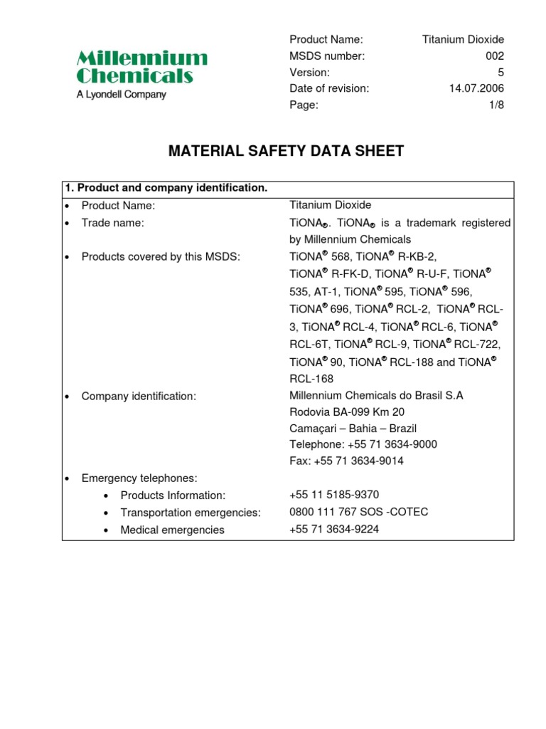 Tio2 MSDS | PDF | Titanium Dioxide | Titanium
