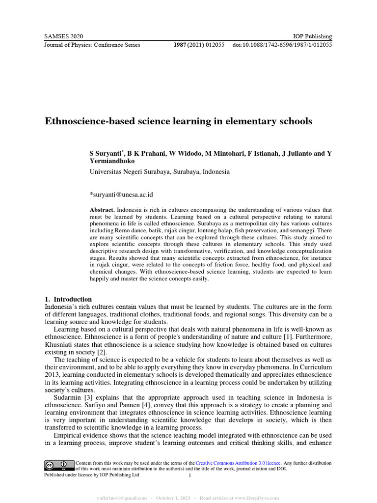 Ethnoscience Based Science Learning in Elementary Schools | PDF ...