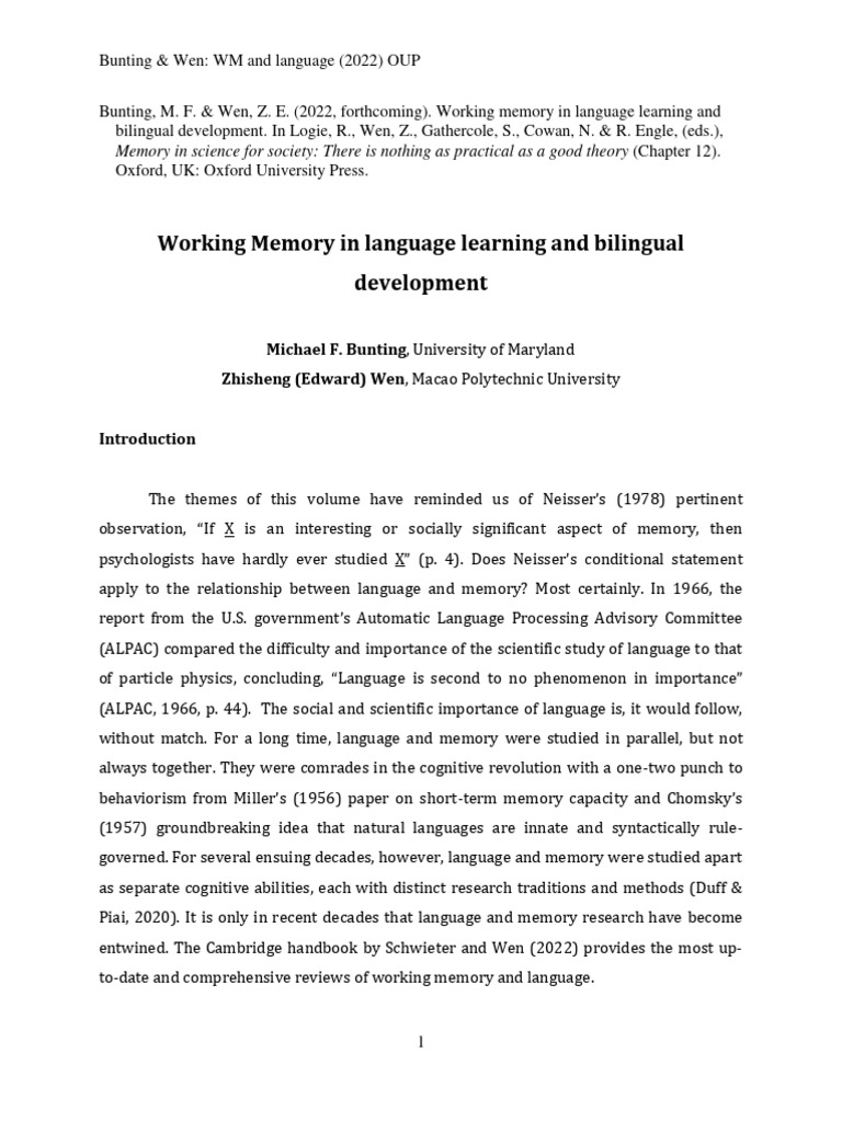 Bunting and Wen OUP Baddeley Chapter Ms | PDF | Second Language Acquisition | Working Memory