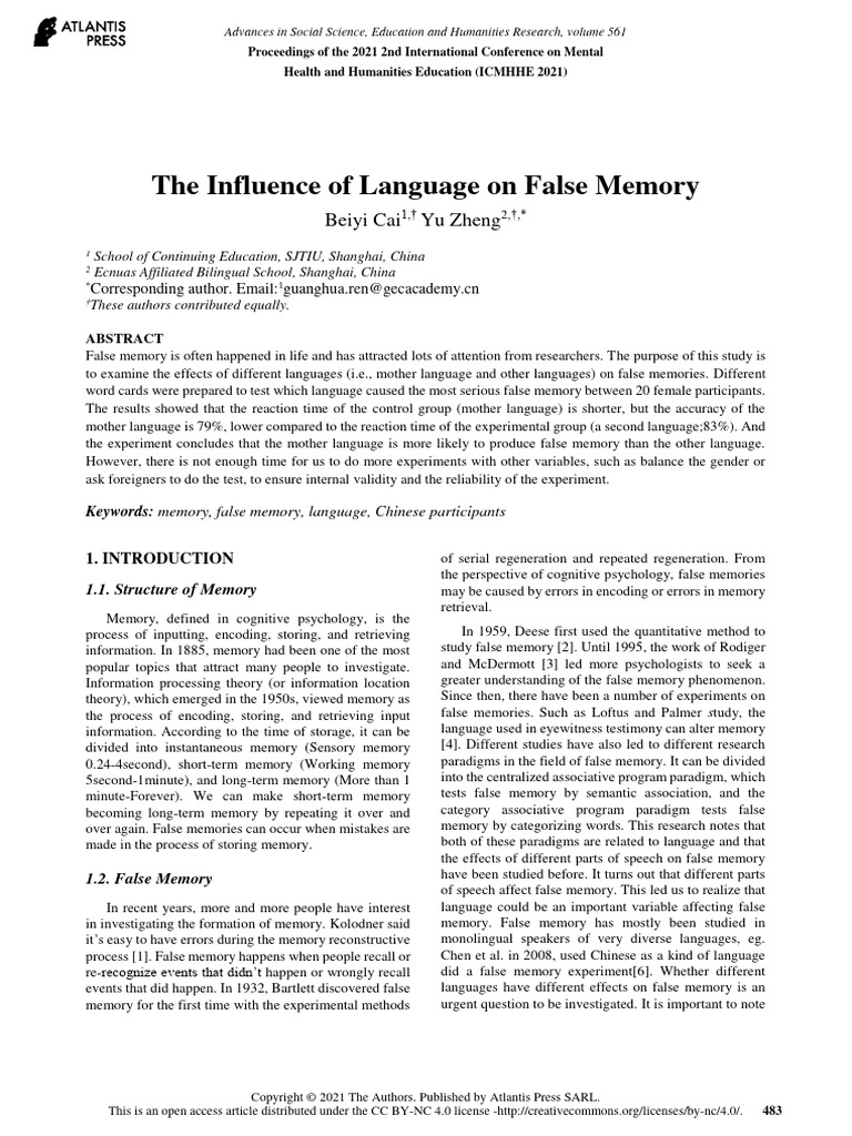 The Influence of Language On False Memory: Beiyi Cai Yu Zheng | PDF | Memory | Experiment