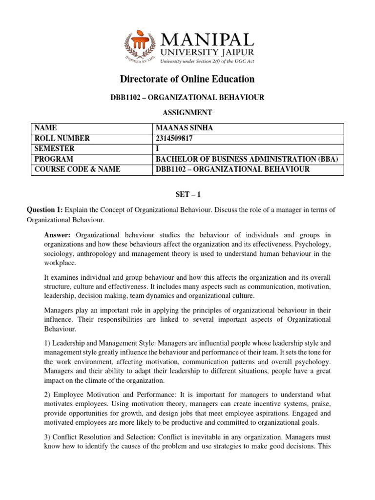 ASSIGNMENT - DBB1102 - BBA - SEM I - Set 1 and 2 - AUG-SEPT 2023 | PDF | Organizational ...